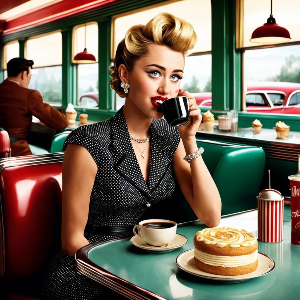 Miley Cyrus clearly enjoying coffee (2?) in a 1950s diner - AI ...
