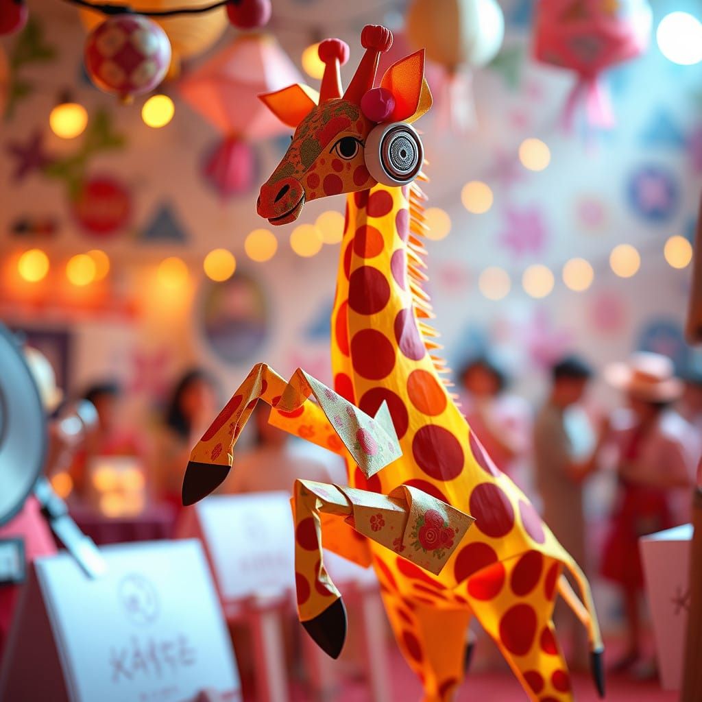 dancing at a party - Vibrant Papercraft Giraffe Dances in Wh...