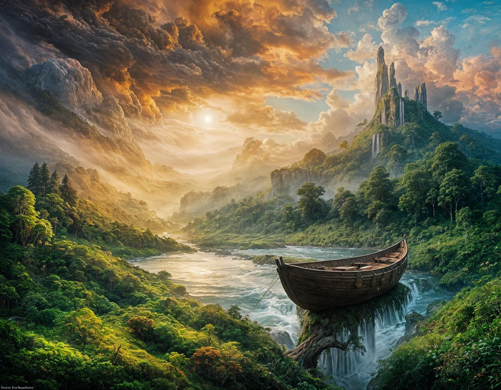 river - Ethereal Surreal Landscape with Marble Hand and Sere...