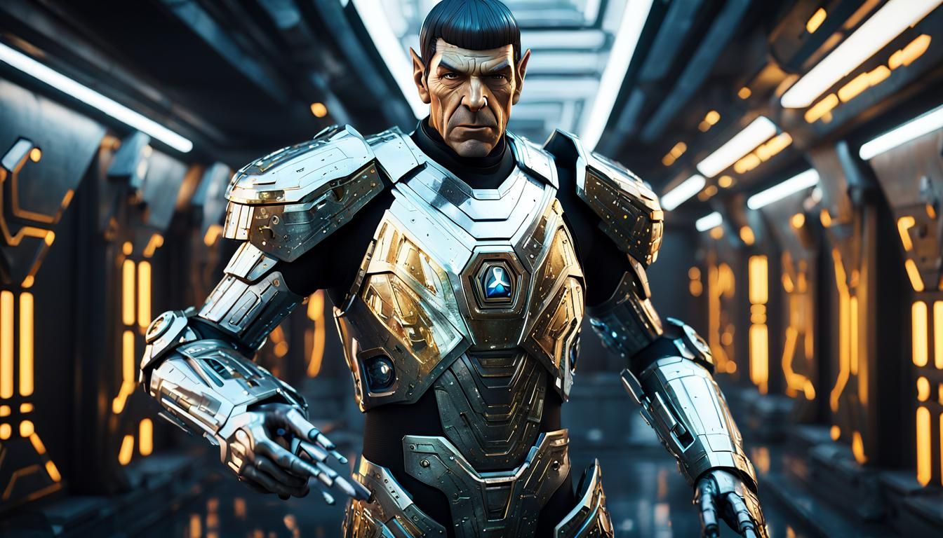 Spock in a shiny polish armor intricate mech details, ground level shot ...