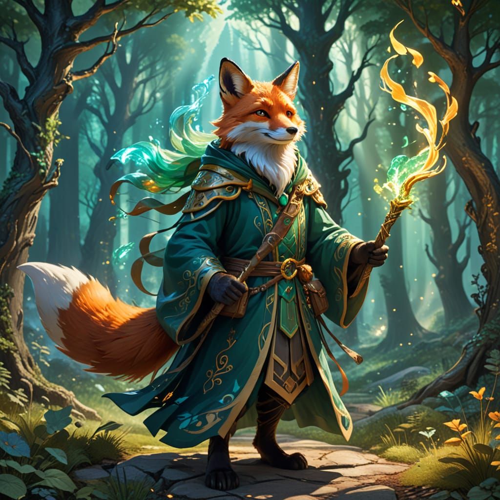 Foxy wizard - Whimsical Wizard Fox in Vibrant Forest Glade