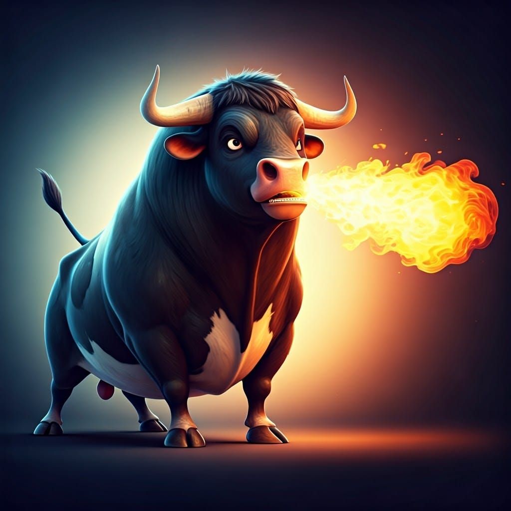 Black and White Bull Breathing Fire in Vibrant Dig... - AI Art