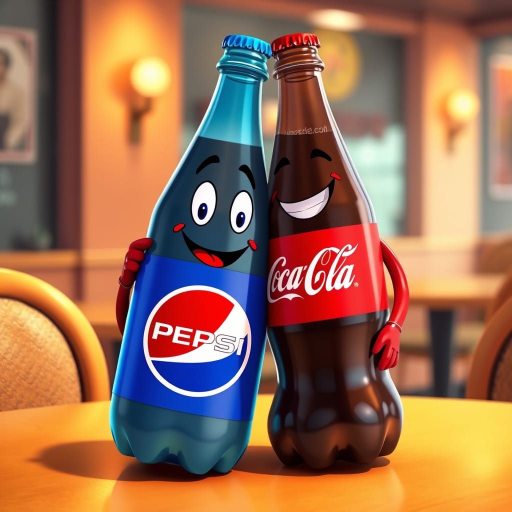 Adorable CGI cartoon Pepsi and Coca-Cola bottles hugging happily ...