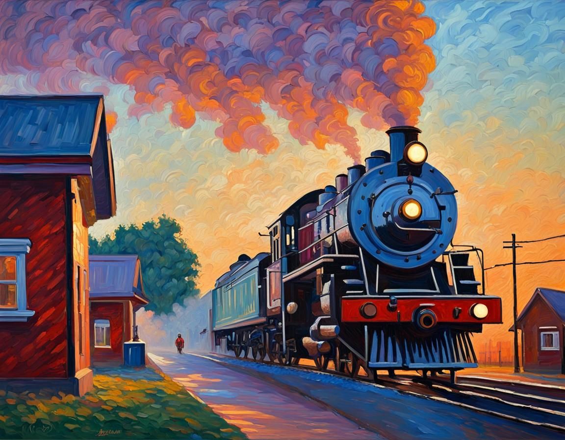 steam locomotive pulling into a small town train station at dawn - AI ...