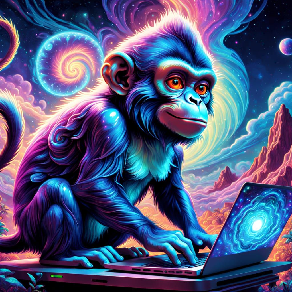 Cosmic Surrealism on a Smurf Monkey's Laptop - AI Art