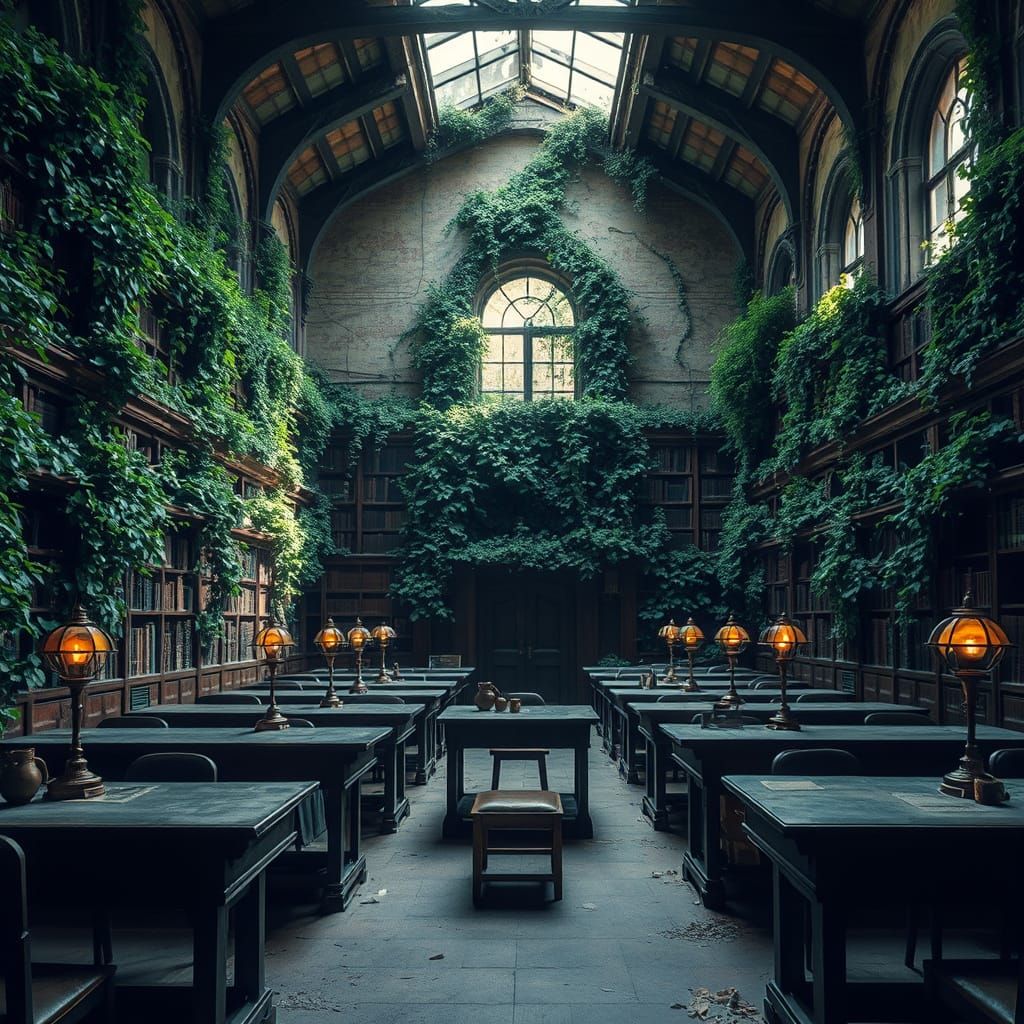 A magnificent abandoned tattered library, wall plants growing on the ...