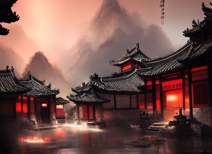 Ancient Chinese Village at night - AI Generated Artwork - NightCafe Creator