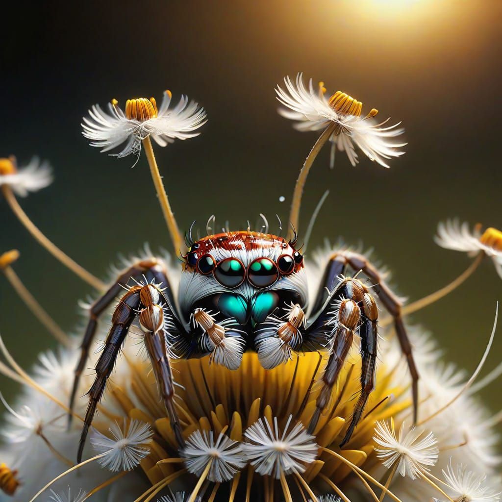 Tiny Spider Hides in Dandelion Fluff, Ready to Pou... - AI Art
