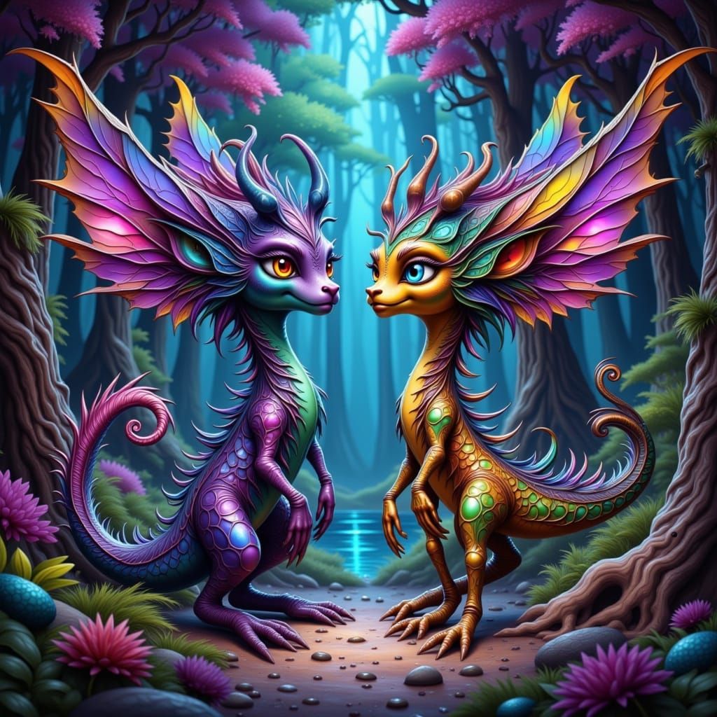 Mystical Fae Creatures in Vibrant Fantasy Forest - AI Art