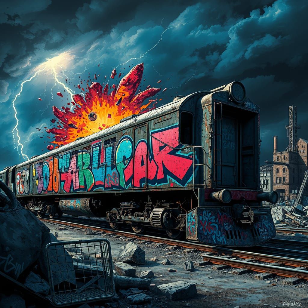 Grunge Apocalypse: Vibrant Graffiti Train in Ruins - AI Art