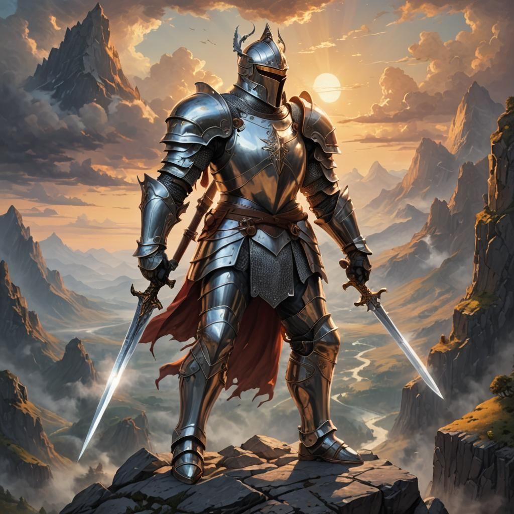 A divine knight in a shining armor, wielding a sword with a glowing ...