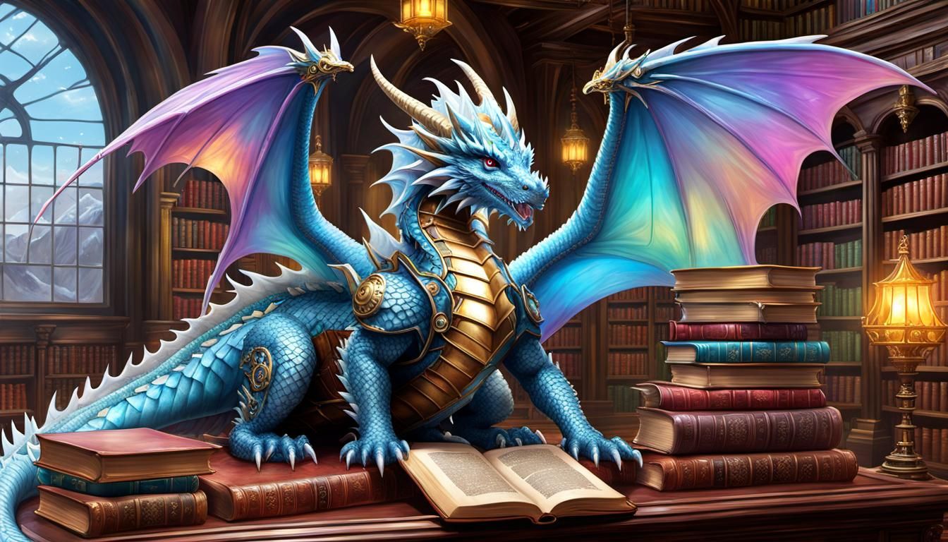 Steampunk ice dragon with huge iridescent in ice castle library - AI ...