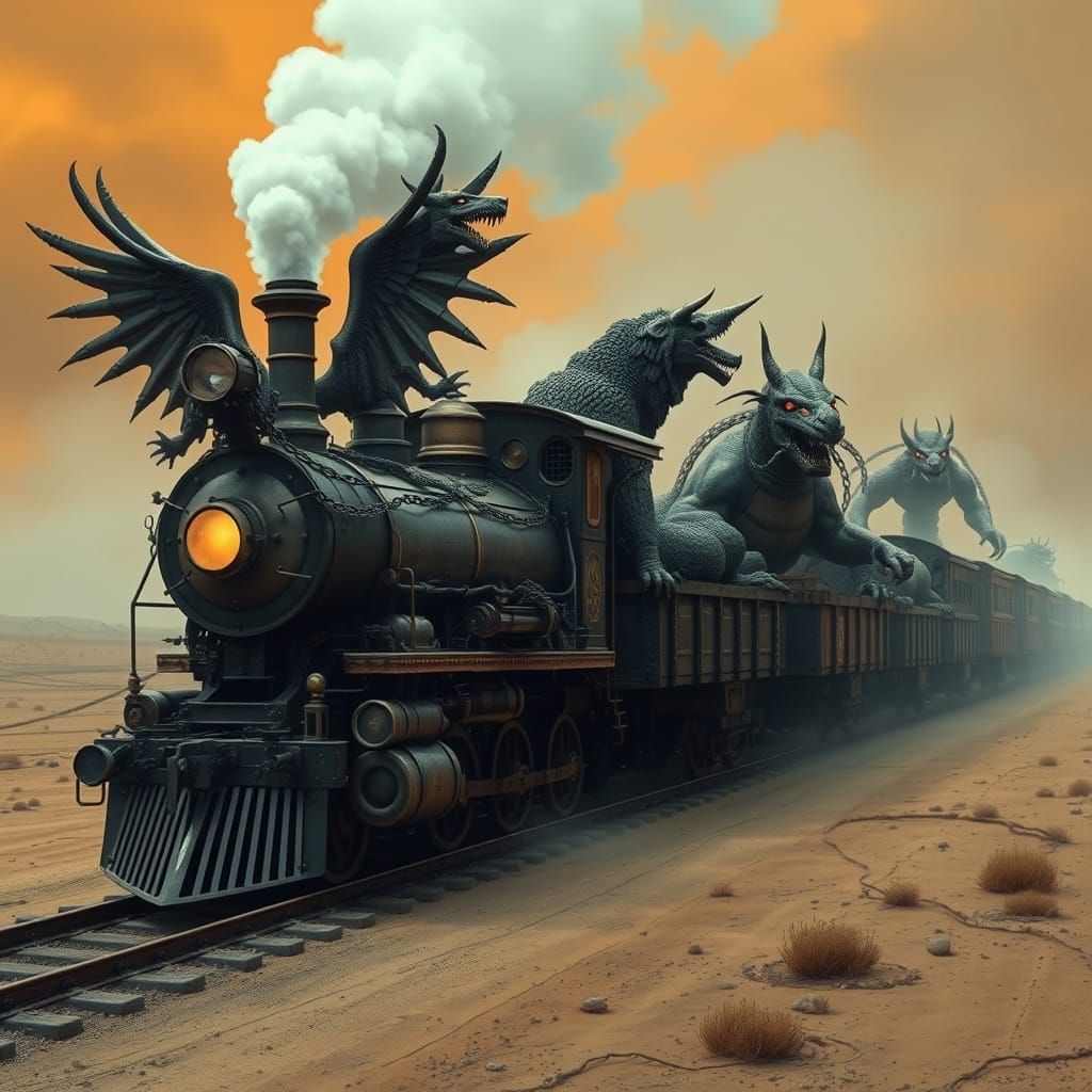 A strange freight train, headed by an ancient, bizarrely shaped ...