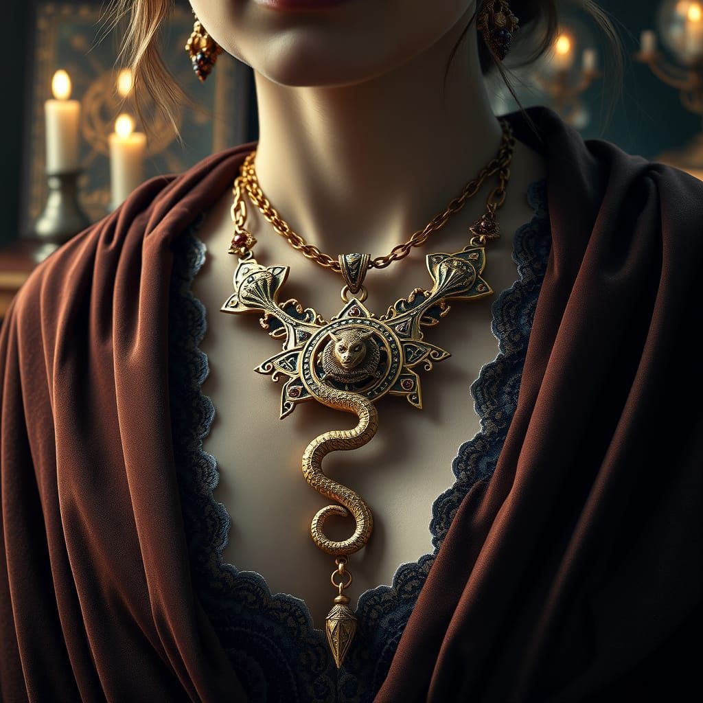 Necklace with a gold kundalini serpent pendant around the neck of the ...