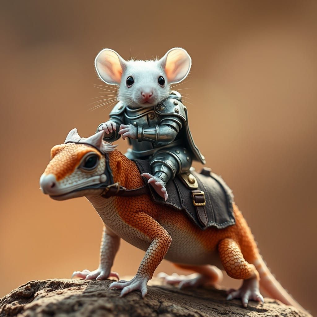 Mouse knight on a battle gecko - Gallant White Mouse Rides ...