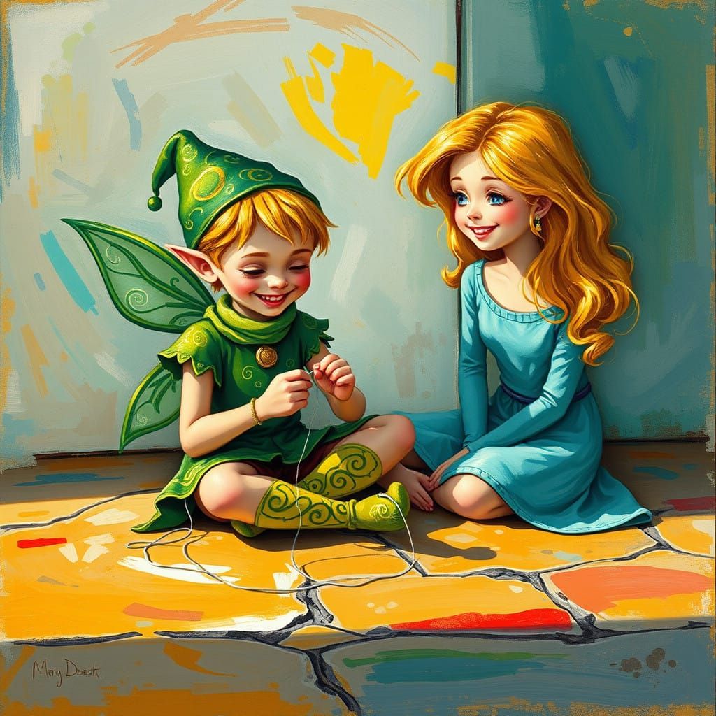 Peter Pan and Wendy - Pixie Boy Sews Shadow, Surrounded by W...