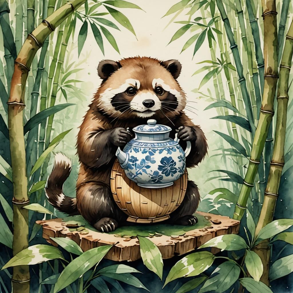 Japanese watercolor of Tanuki transforming into a teapot, surrounded by ...