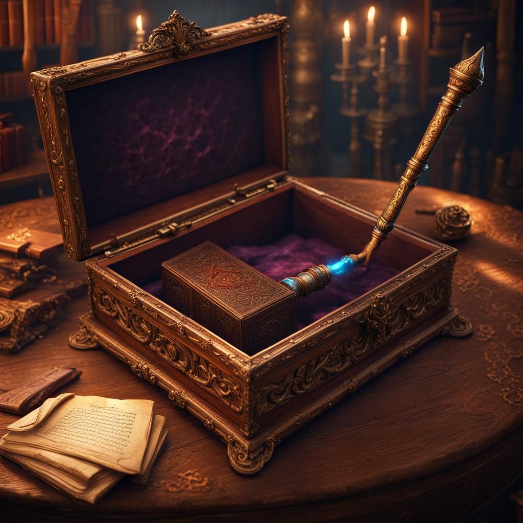 magic wand in a ornate antique box. wand glows with power. dustry ...