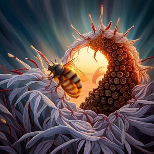 Golden honey bees inside the hive,filligreed honeycombs,silver queen of ...