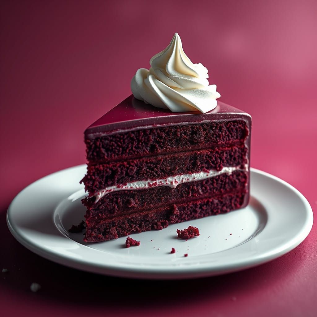 Maroon Cake Slice With Whipped Cream