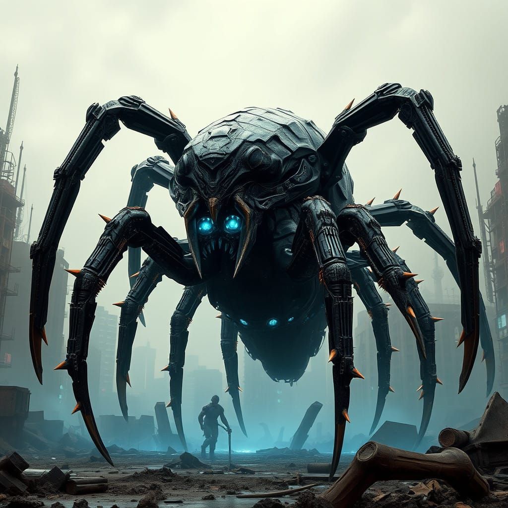 Gargantuan Black Metallic Spider Creatures in War-... - AI Art