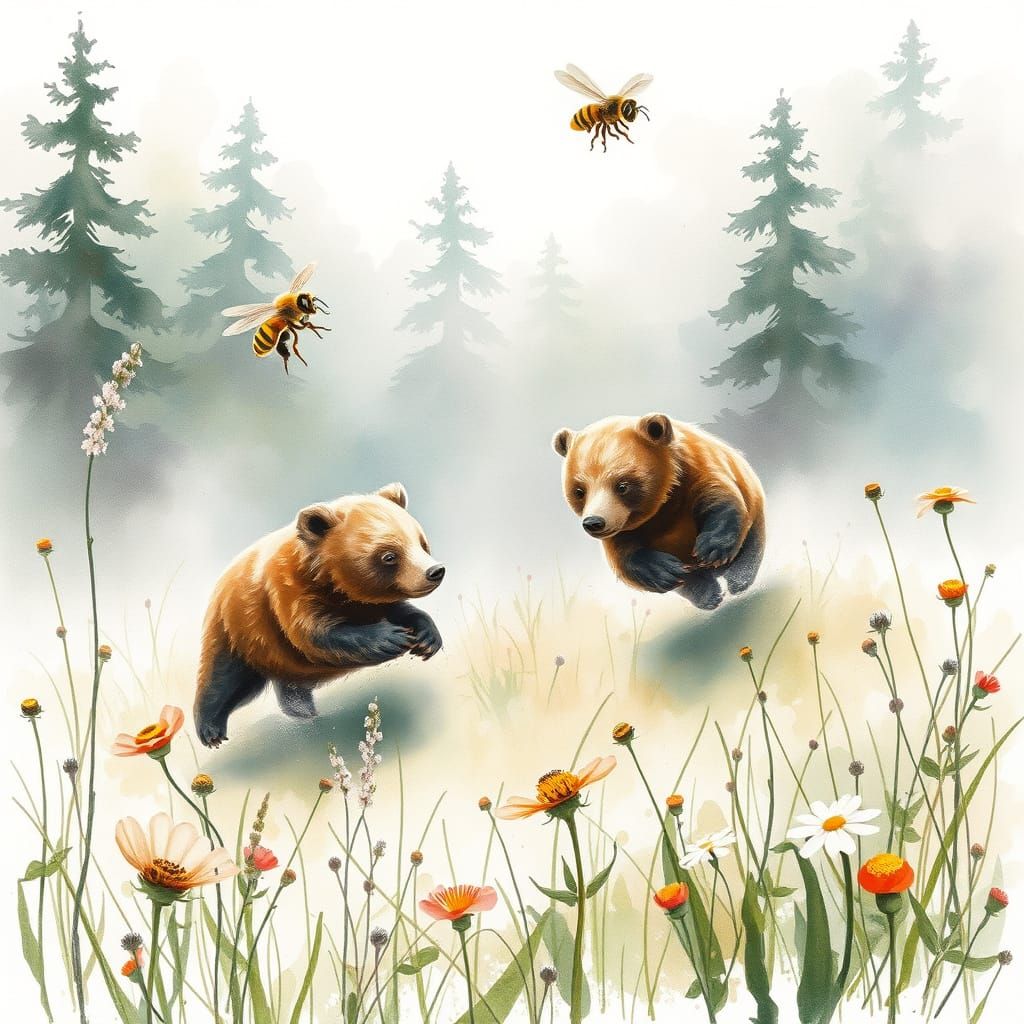 Bears - Whimsical Bear Cubs Chase Bees in Watercolour Meadow