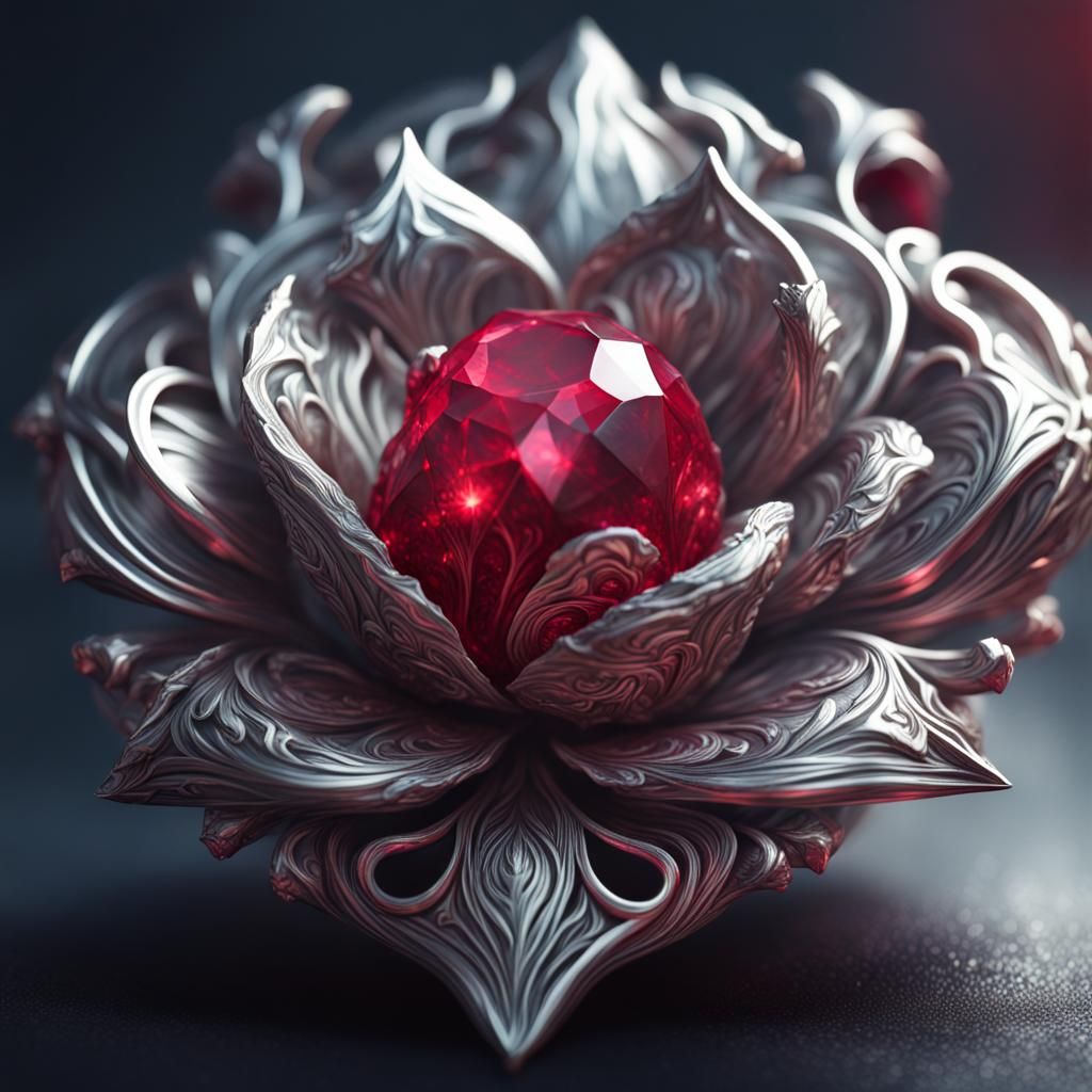 Silver Flower With Ruby Core - AI Generated Artwork - NightCafe Creator