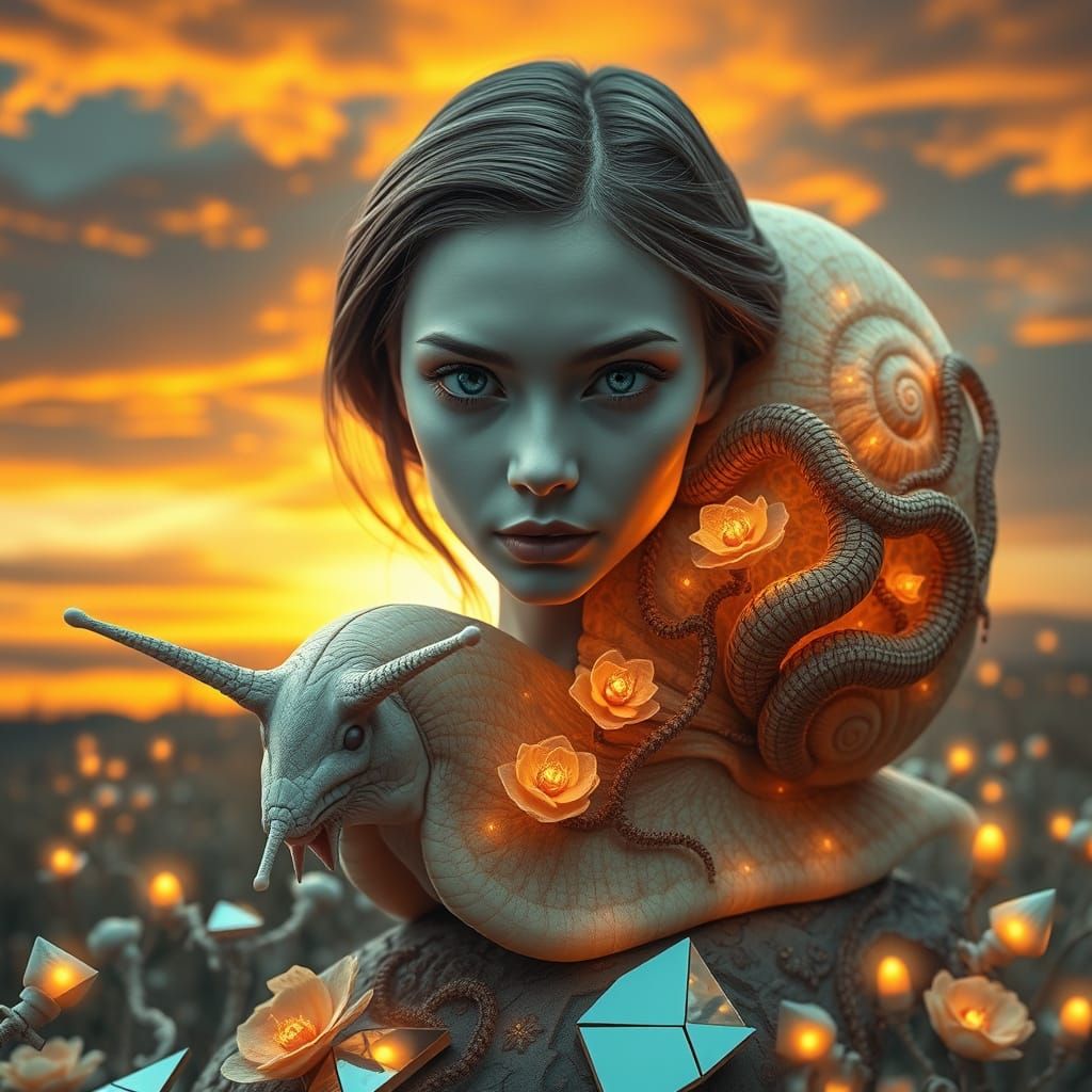 Woman-Snail Hybrid Goddess in Fiery Sunset Landsca... - AI Art
