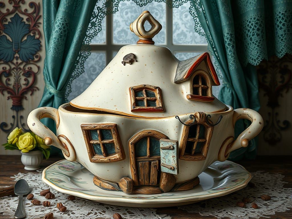 whimsical irregular shaped ceramic tureen, not regular built, crooked ...