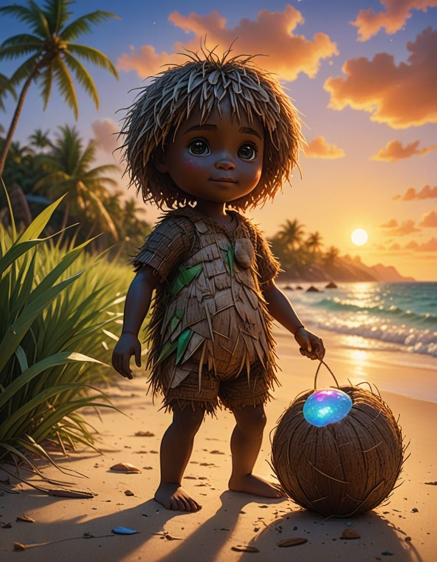 Coconut Doll Child Plays on Beach: Digital Art - AI Art