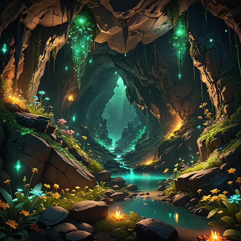 A realistic cave with glowing emeralds, glowing flowers and some ...