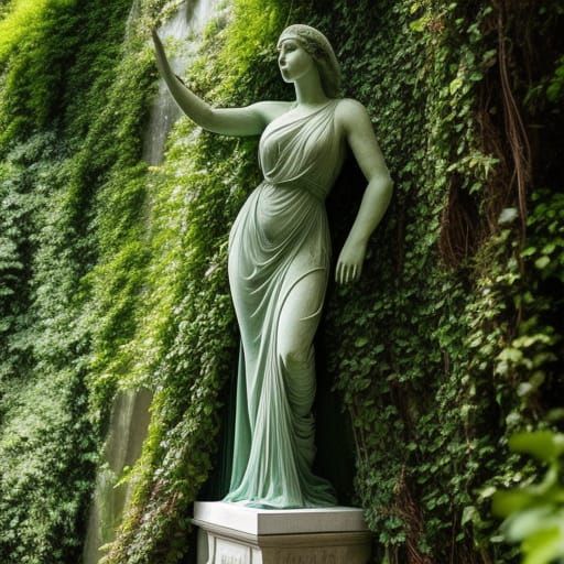 Decaying marble statue of a beautiful woman, covered in vines ...