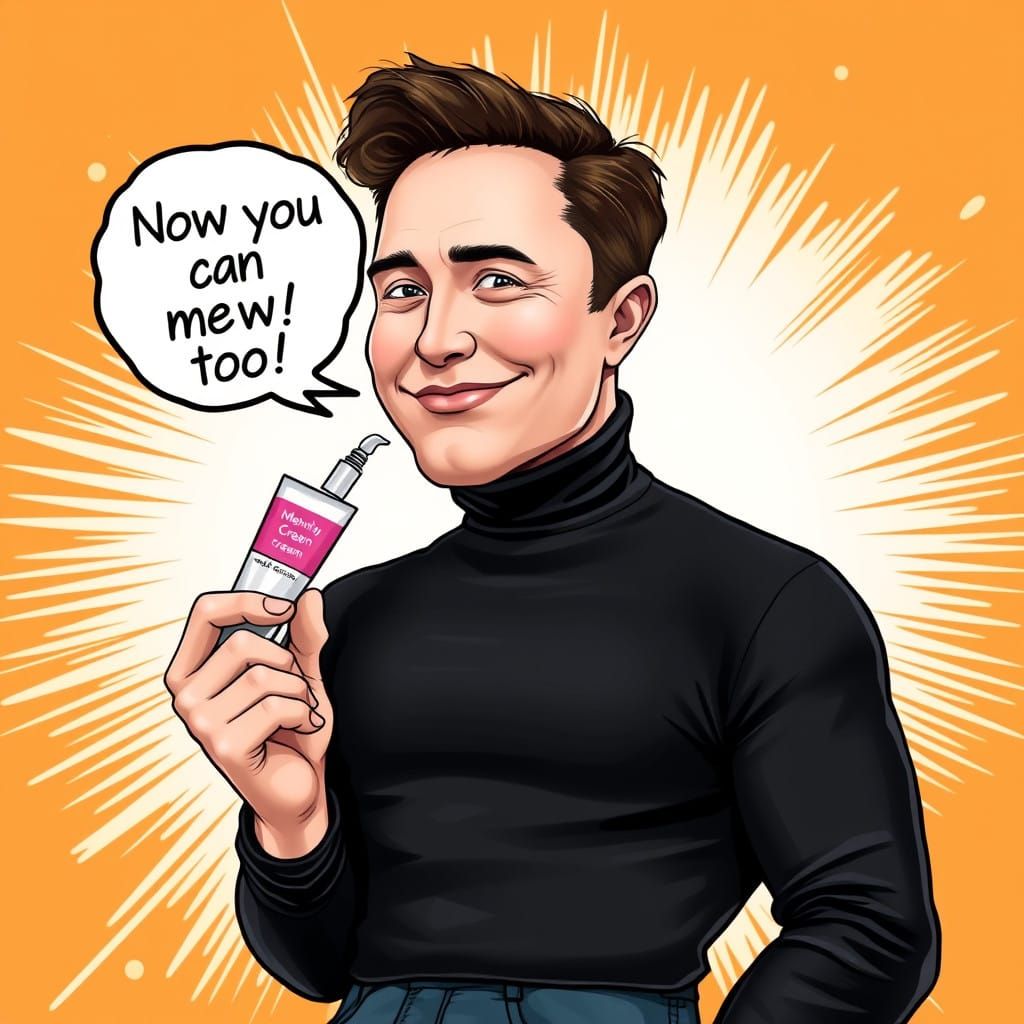 Elon Musk is in a commercial for "Mewing Cream" he holds the cream and ...