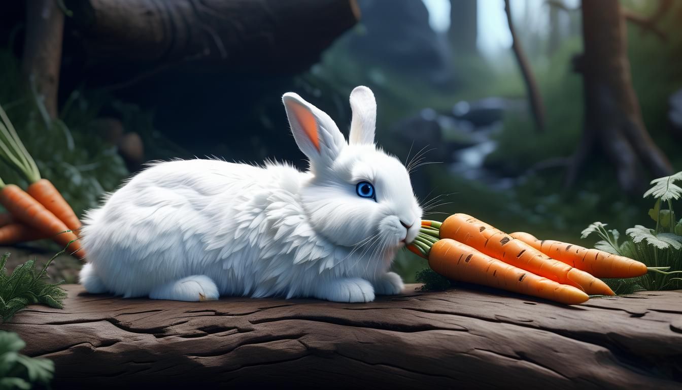 a small white rabbit with blue eyes and very fluffy fur eating a carrot ...
