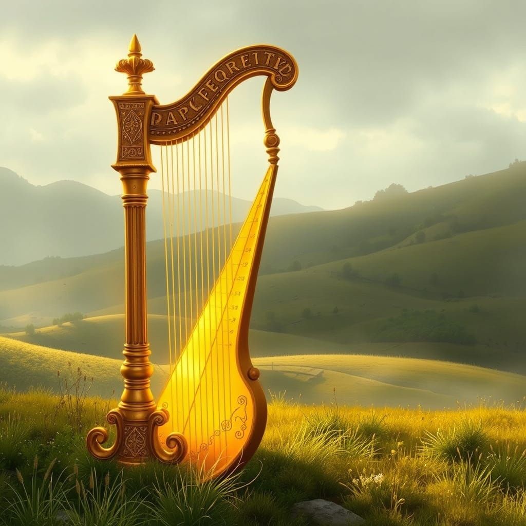 Ethereal Gold Harp in Idyllic Countryside - AI Art