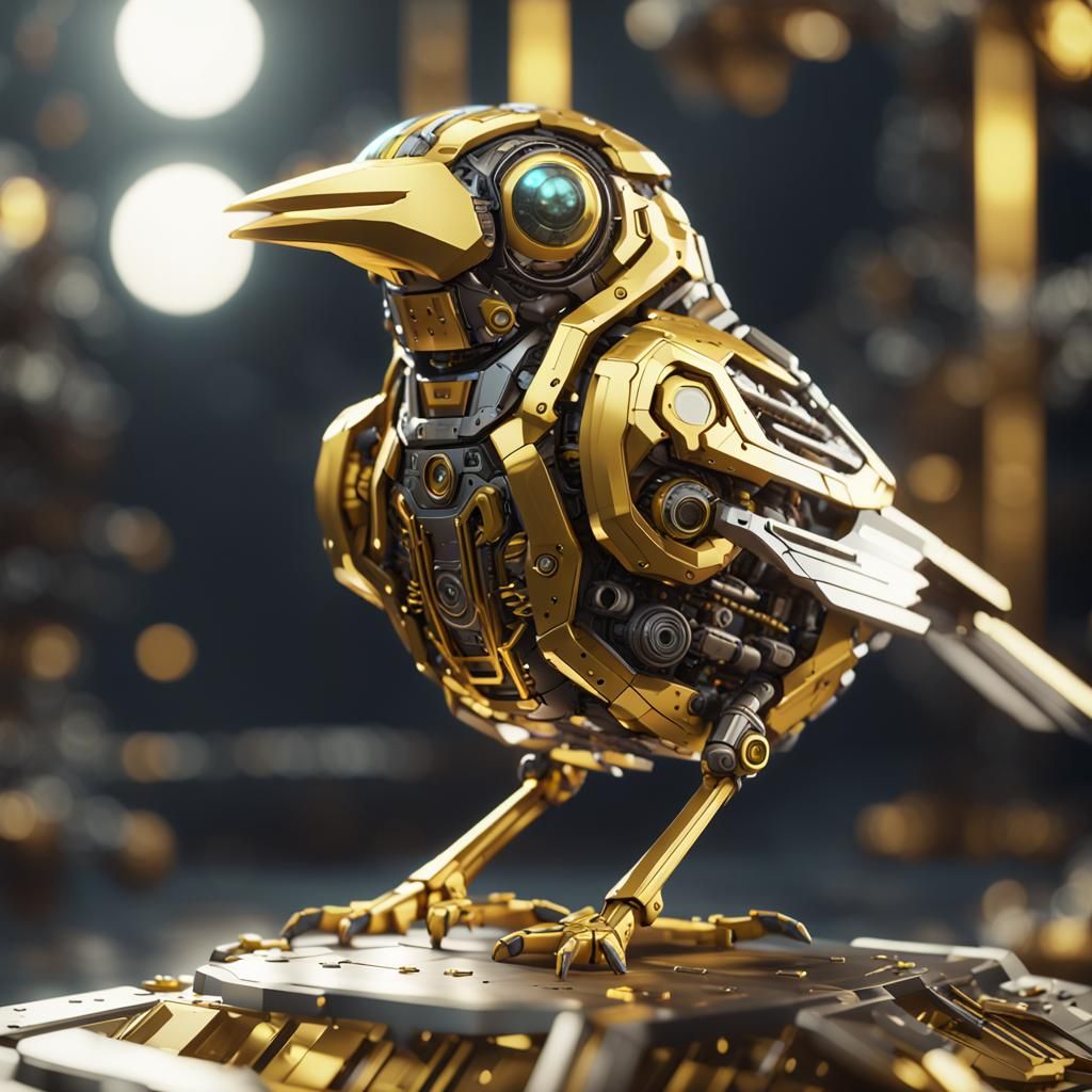 cyborg canary bird singing intricate mech details, ground level shot ...