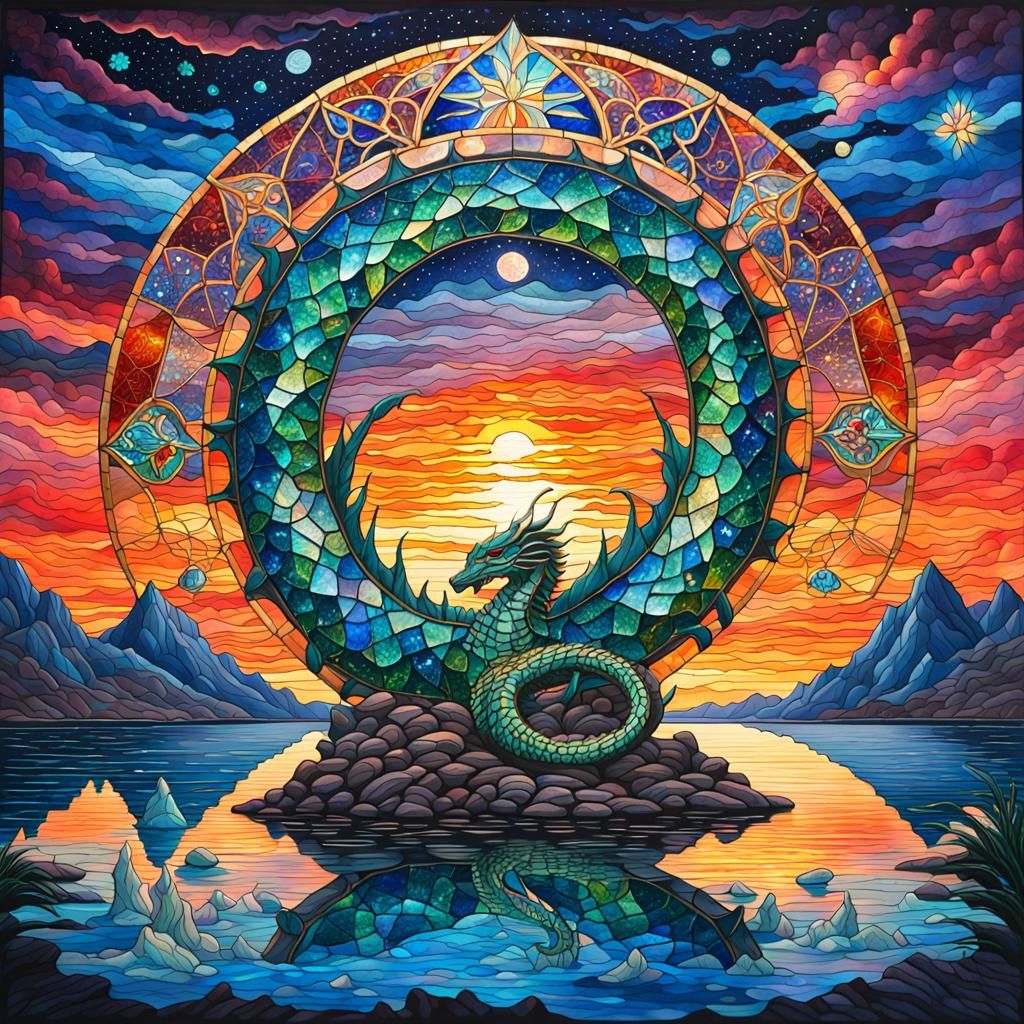 stained glass; sacred stargate dragon - AI Generated Artwork ...