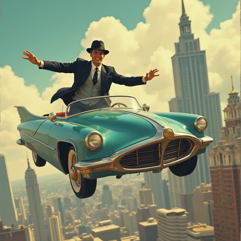 Retro-Futuristic Flying Car Soaring Over Cityscape - AI Art