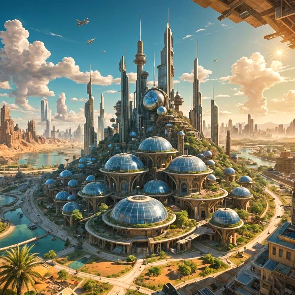 solarpunk utopian city in the middle of a desert