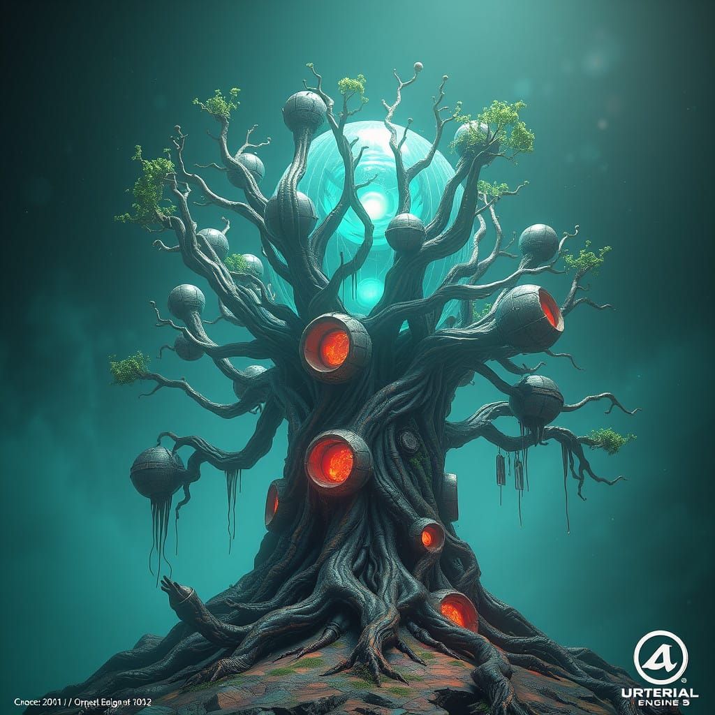 Cybernetic Tree Nucleus in Deep Fantasy Landscape - AI Art