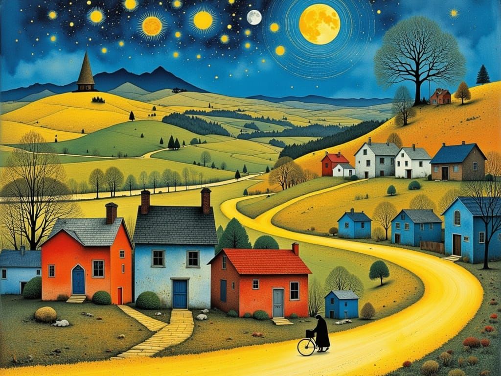 Surreal Landscape with Bicycle and Starry Night Sk... - AI Art
