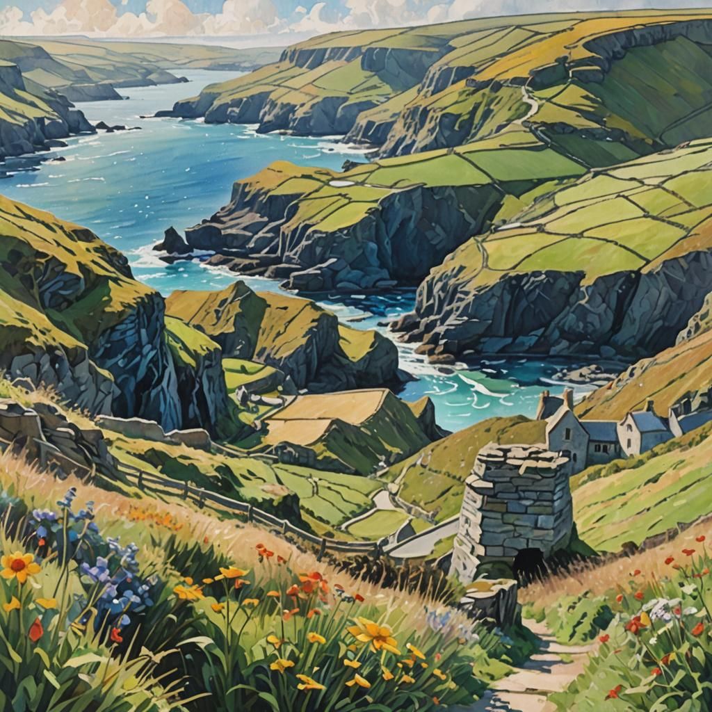 Sunny Cornish landscape with Tintagel Castle in the distance - AI ...