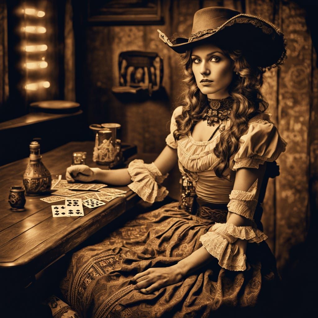 Close-up portrait of a Saloon girl in the old wild west. She is dressed ...