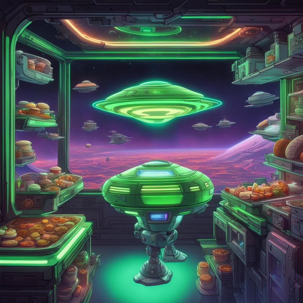 A glowing neon green space ship with pictures of food on it and an open ...