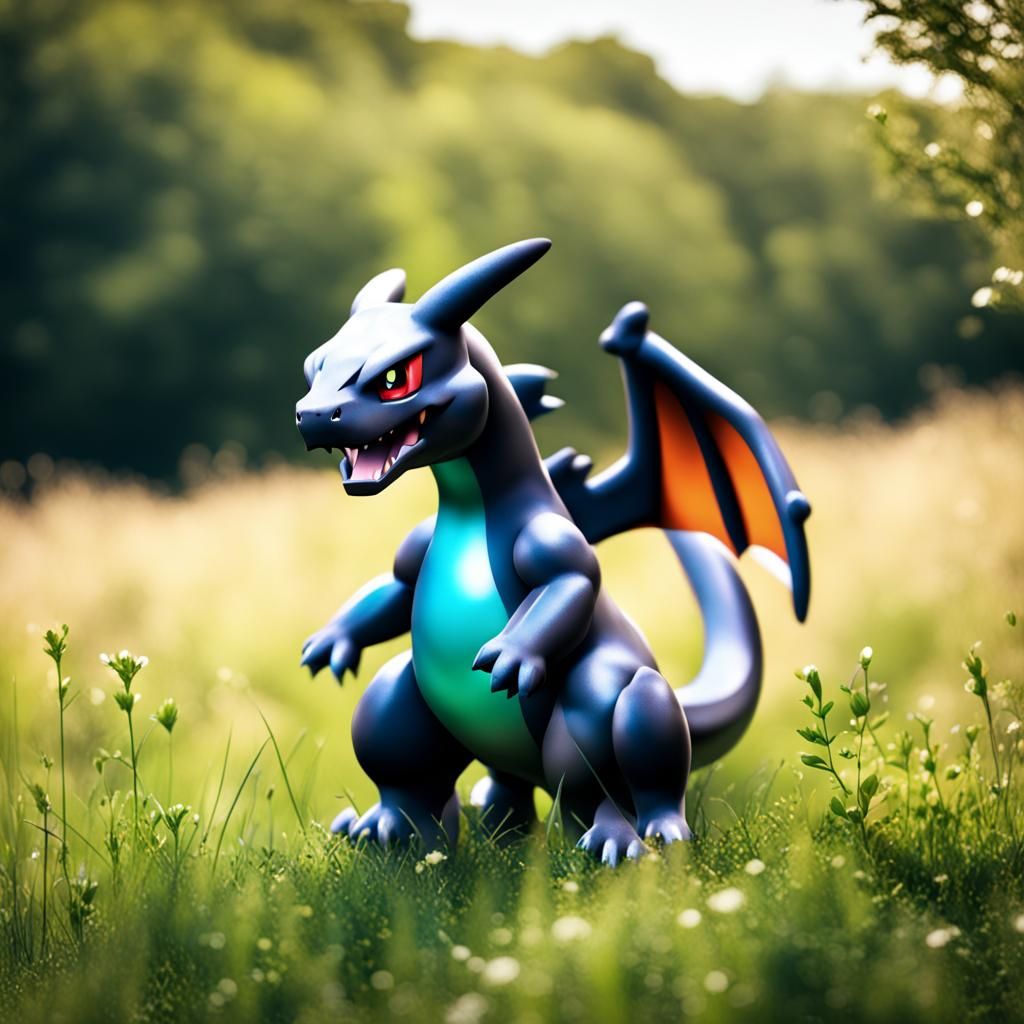 Photography Pokémon Shiny Dark Grey Charizard in the meadow - AI ...