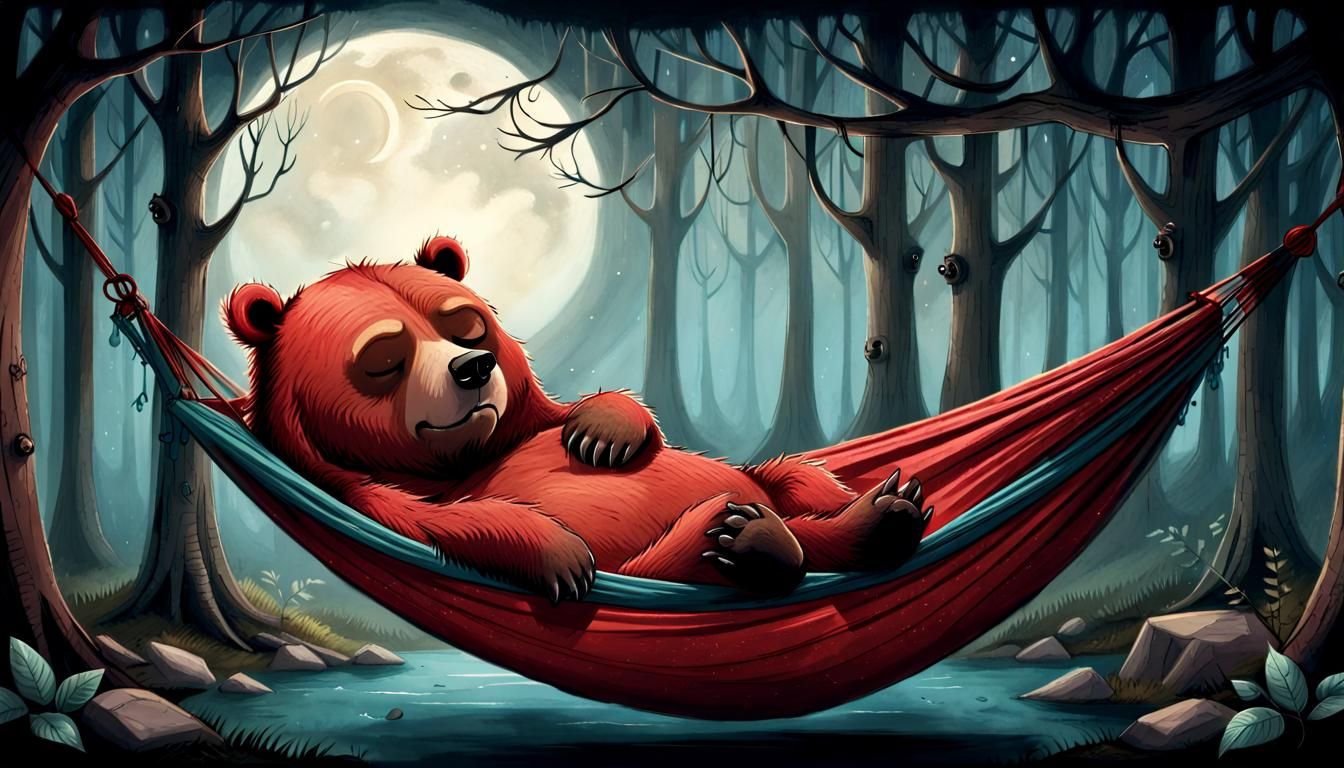 Grumpy Bear in a Hammock: Whimsical Storybook Scen... - AI Art