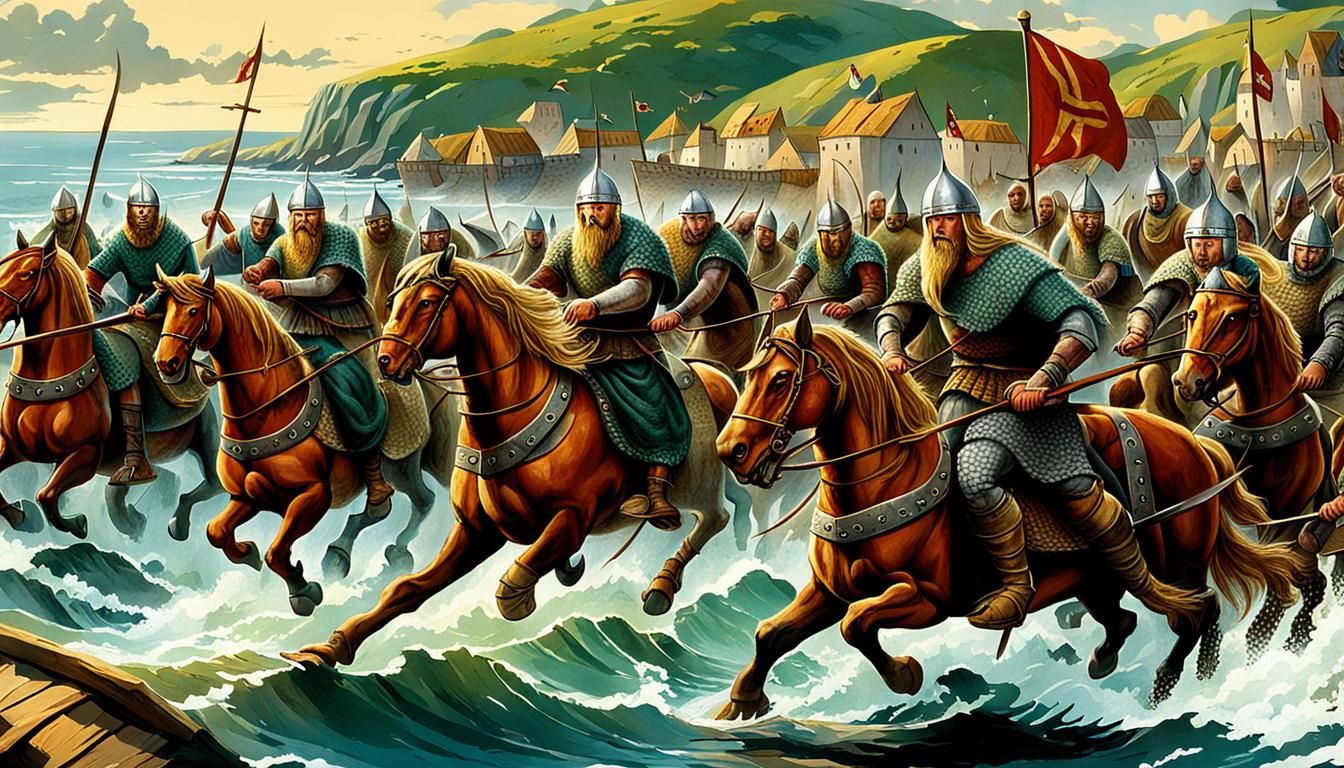 12th century vikings riding stegosureses raiding a coastal village - AI ...