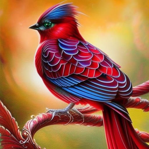 Beautiful Cute red ornate filigree bird, digital painting, hyper ...
