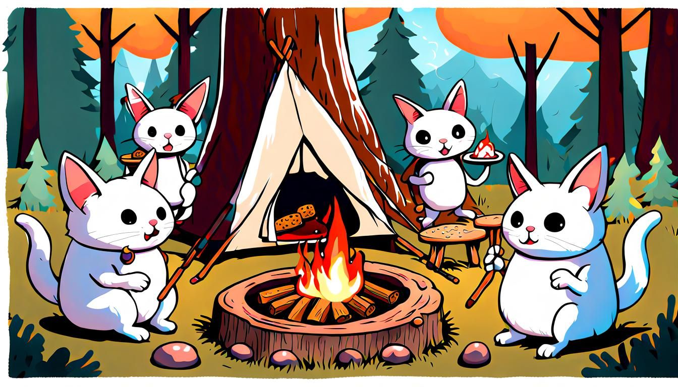 a group of moogle cat creatures with human features , going camping ...