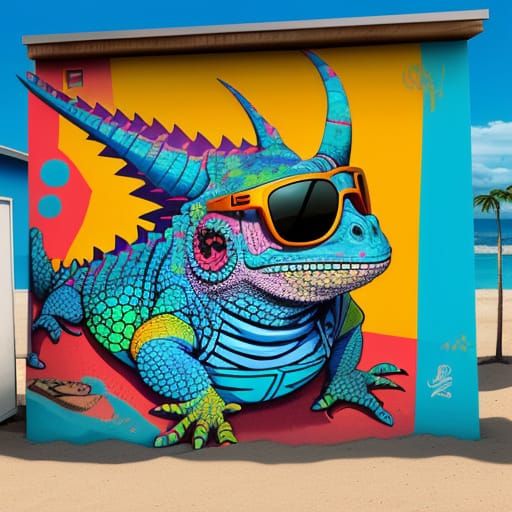 Horned Lizard Surfs Tropical Graffiti Scene - AI Art